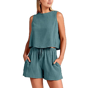 Bornpom Two Piece Linen Sets for Women Crew Neck Sleeveless Crop Tank Top Back Strap Button Drawstring Shorts with Pockets Grey Blue L