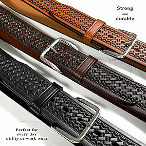 Utility Uniform Work Belt w/Simple Single Prong Buckle One Piece Full Grain Leather Basketweave Embossed Belt 1-3/4"(45mm) Wide (Black, 40)