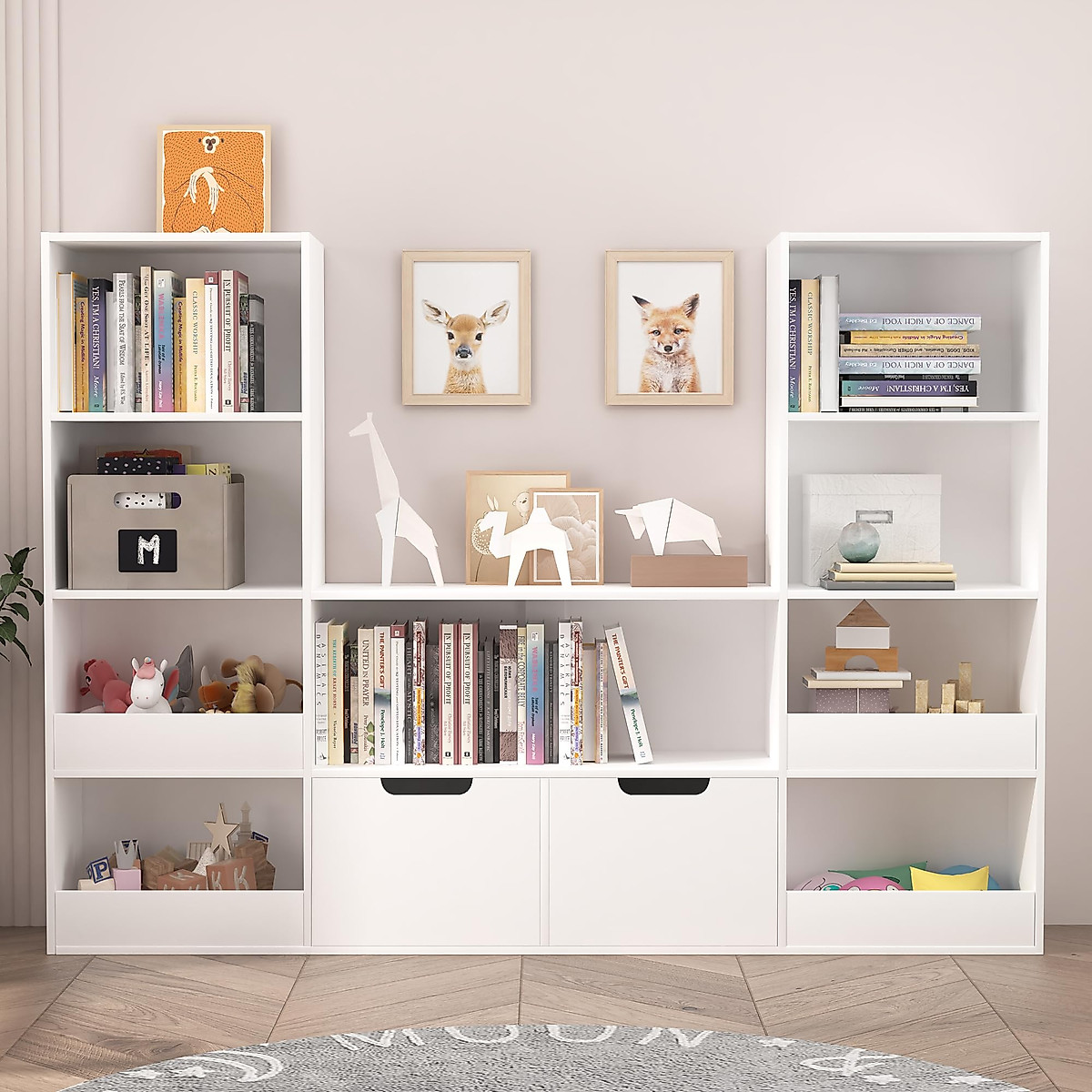 XINRONG 4 Tier Kids Bookshelf and Toy Storage, Castle Bookcase with Drawers, Reading Nook for Kids Toddler, Kids Toy Storage Organizer for Playroom, Nursery, Classroom, White