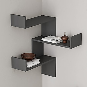 JV Home Luksa Collection Corner Bookcase Wall Mounted Stylish Floating Shelf Corner Bookshelf Decorative Wide Shelving Storage 24 Inch Anthracite