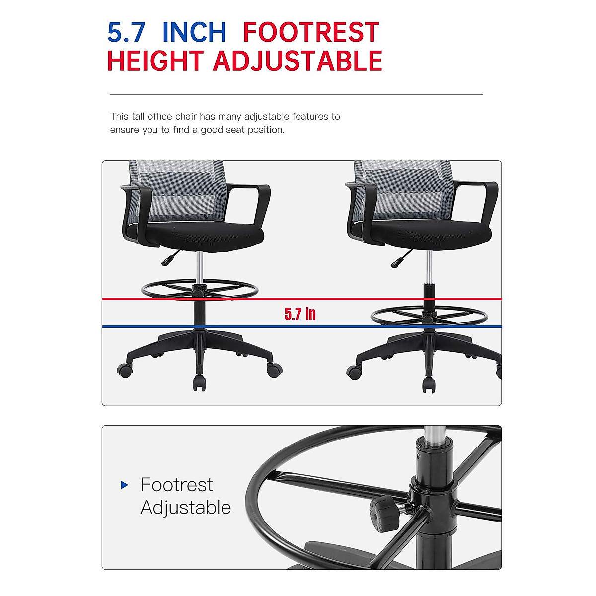 Office Chair Desk Chair Computer Chair Adjustable Height with Lumbar Support Arms Footrest Mid Back Swivel Rolling Mesh Drafting Chair for Adults Drafting Stool(Grey)