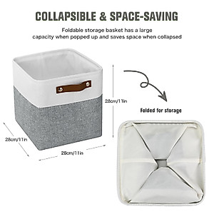 FinishingBo Cube Storage Baskets 6 Pack, 11x11 inch Foldable Cube Storage Bins with Leather Handles for Shelf Closet Nursery Toys (White/ Gray)