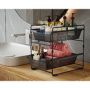 junyuan Under Sink Organizers and Storage,Bathroom Countertop Organizer,Pull Out Cabinet Organizer Baskets with Dividers,Black