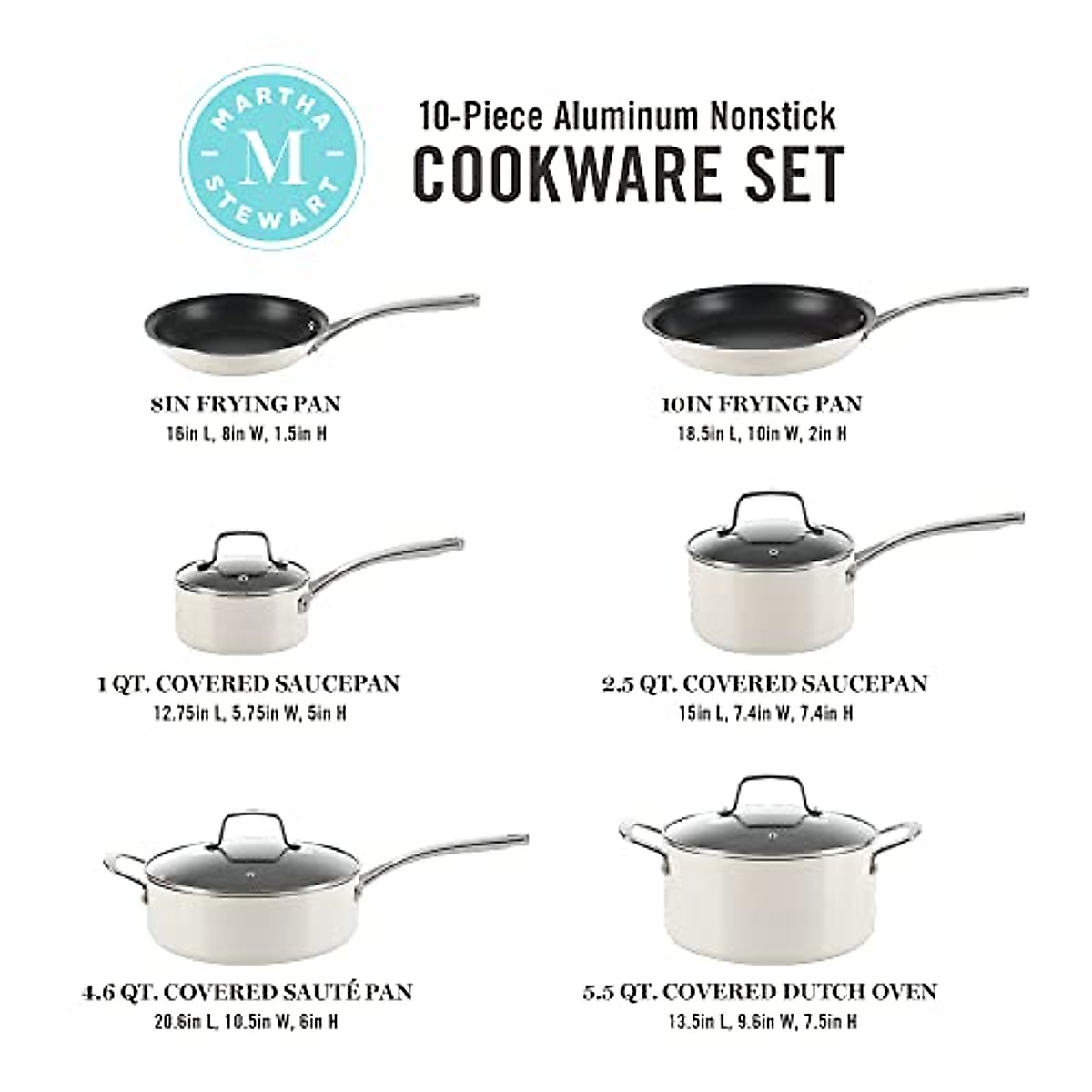 Martha Stewart Lockton Premium Nonstick 10 Piece Enamel Heavy Gauge Aluminum Pots and Pans Cookware Set - Linen White