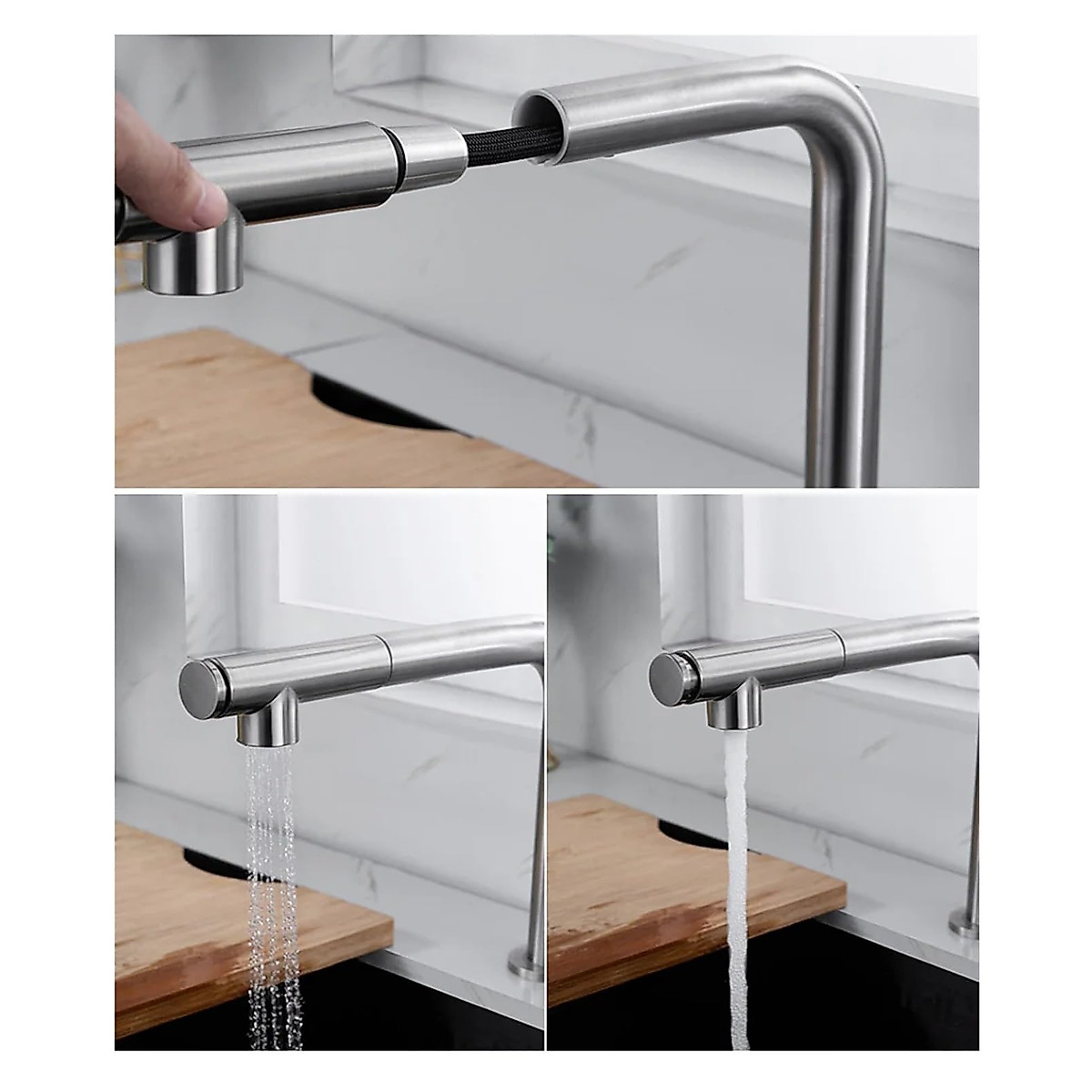 LKBEJMYY Kitchen Pull-Out Sprayer Hidden Lifting Telescopic Sink 360-degree Rotating hot and Cold Water Mixing Faucet Double Hole Split, Brushed