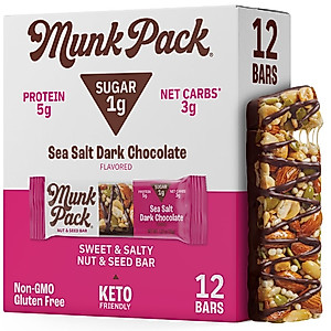 Munk Pack Nut & Seed Bar Sea Salt Dark Coco - 1g Sugar, Low Carb & Keto, 5g Protein - Gluten Free, Plant Based, Zero Added Sugar - Sweet & Salty Breakfast & Snack Bars, 12 Bars
