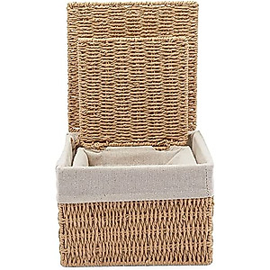2-Pack Wicker Shelf Baskets with Lids and Removable Cotton Fabric Liners, Rectangular Home Storage Bins for Hand Towels, Toiletries, and Kitchen Counter (2 Sizes)