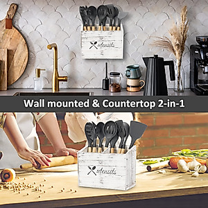 Kitchen Utensil Holder Organizer with 2 Compartments,Wood Flatware Silverware Organizer Rustic Farmhouse Utensil Caddy for Countertop Decor,Wall Mounted Kitchen Organizer and Storage Cutlery Caddy