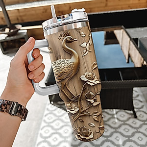 Hyturtle Personalized Unique Wooden Peacock 2D Print Tumbler - Peacock Gifts For Women - Animal Present For Lover Her - Mothers Day Present For Mom - Custom Travel Coffee Cup 40 oz With Lid And Straw