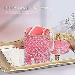 ALAMHI Pink Candy Jar, Glass Candy Dish with Lid, Crystal Apothocary Jars with Lids Glass Jewelry Box with Lids, Cute Glass Jar Gifts for Women
