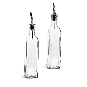 DLD Italian Glass Oil And Vinegar Cruet 16 Oz, Olive Oil Dispenser With Stainless Steel Spout, Slight Green Tint (SET OF 2, 16 oz)