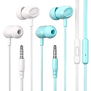 ELOVEN 3.5mm Wired Headphones HiFi Stereo Sound Wired Earbuds Noise Cancelling in-Ear Headset with Bulit-in Mic Volume Control Sports Earphones for iPhone Samsung iPad (2 Pack White & Blue)