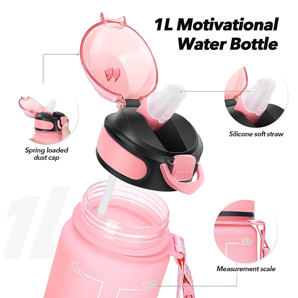 MEITAGIE Water Bottle 32oz with Straw, Motivational Water Bottle with Time Marker & Buckle Strap,Leak-Proof Tritan BPA-Free, Ensure You Drink Enough Water for Fitness, Gym, Camping, Outdoor Sports