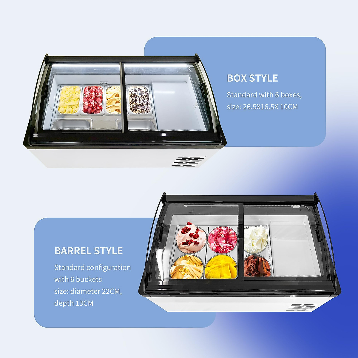 Mvckyi Ice Cream Dipping Cabinet Commercial Ice Cream Display Freezer, 6 Square Pans Gelato Freezer Display Case, Countertop Hard Ice Cream Showcase with LED Light, for Bar, Coffee Shop