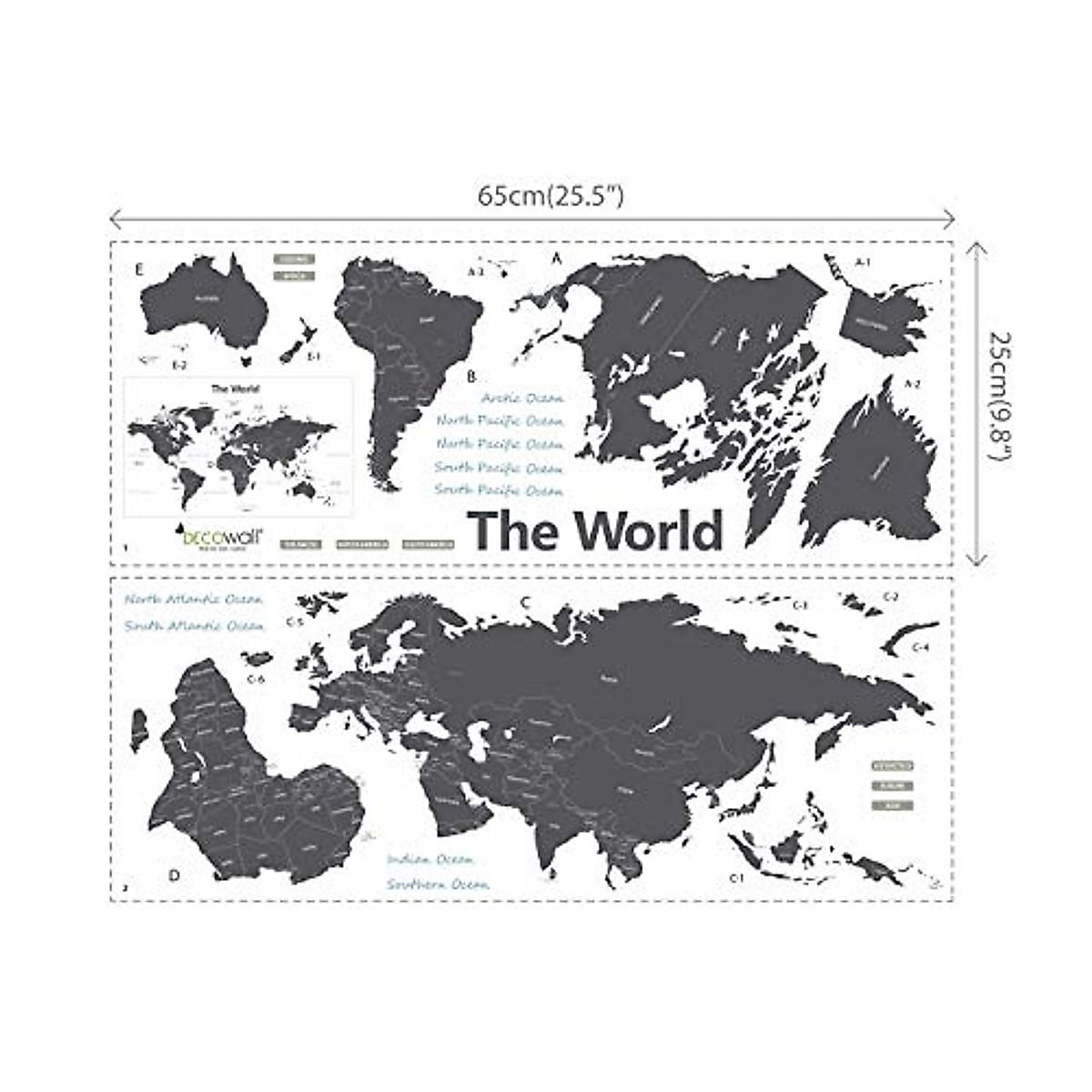 DECOWALL DWL-1609GS Modern Grey World Map Kids Wall Stickers Wall Decals Peel and Stick Removable Wall Stickers for Kids Nursery Bedroom Living Room (Medium)