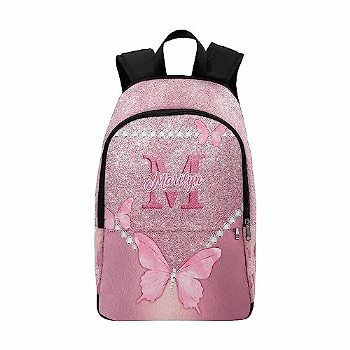 Personalized School Backpack with Name Text Pink Butterfly Diamond Custom Bookbag for Kids Boys Girls, Waterproof Elementary Customize Book Bag with Adjustable Shoulder Straps for School Travel