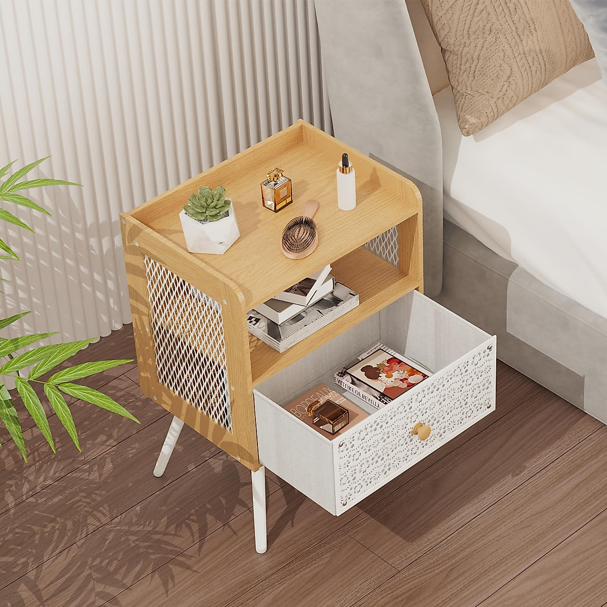 Nightstand, Bedside Table with Metal Drawers, End Table with Open Shelf, 2-Tier Open Adjustable Metal Floral Drawer Night Stand for Sofa Side Table, Bedroom Bedside Table, Maple White