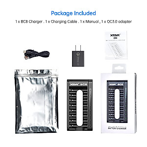 Charge Multiple AAA Rechargeable Batteries Simultaneously with the XTAR BC8 Smart AA AAA Charger - 8 Bays for 1.5V Lithium and 1.2V Ni-Mh Ni-Cd Rechargeable Batteries (BC8 Charger+QC3.0)