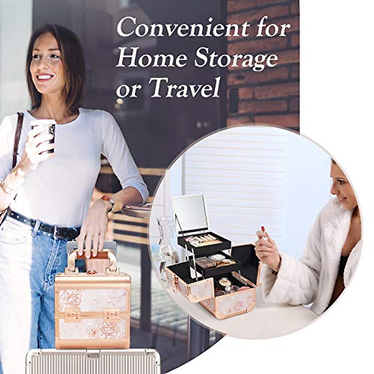 Costravio Makeup Box Cosmetic Train Case with Mirror Travel Organizer Cosmetic Jewelry Storage Box with 2-Tier Tackle Trays Portable Lockable Makeup Organizer Box - Marble Rose Gold Style