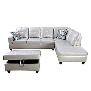 HOMVET Couch Furniture, Sectional Set L Shape Sofa Storage Ottoman for Living Room/Apartment/Office,Right Chaise, Powder Color