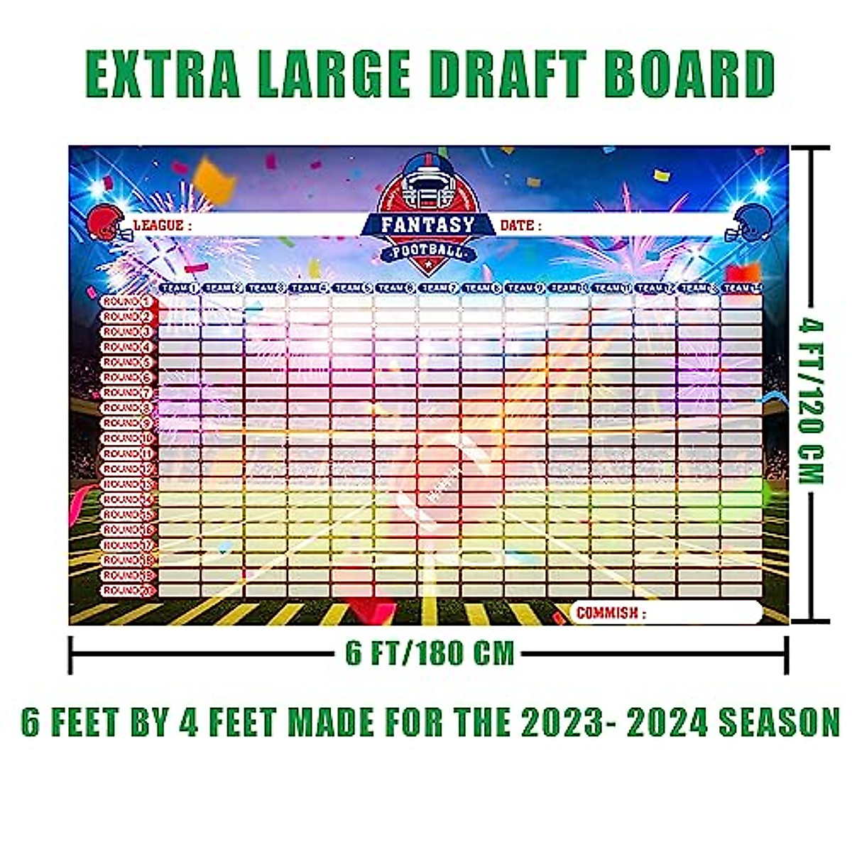 FEEYE Fantasy Football Draft Board 2023-2024 Kit – 6'x4' Draft Board, Set with 637 Player Labels – Premium Color Edition
