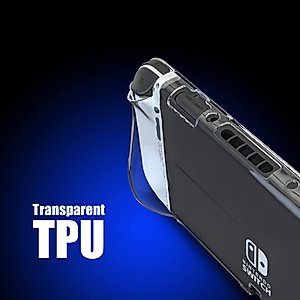 TPU Case Cover for Switch OLED, Clear Protective Case Compatible with Nintendo Switch OLED Model with Tempered Glass Screen Protector and Thumb Stick Caps - Clear