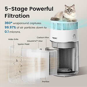 WISESKY Air Purifier for Home Cat Hair Pee Smell in Bedroom, Cat Safety by 24 Voltage, 360° Air Inlet, 3 in 1 HEPA Filter Removes Dust, Dander, Odor, Smart APP Control, 23dB Sleep Mode, W-Cat, White