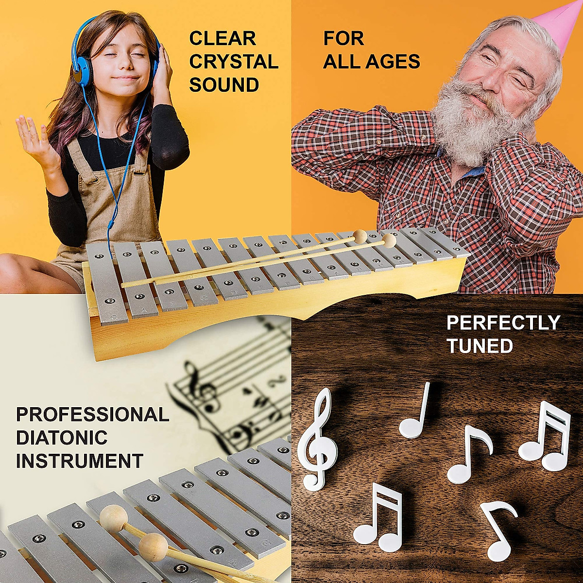 inTemenos Professional Diatonic Glockenspiel 15 notes - Metal Xylophone - 23 Sheet Music Songs, Stickers