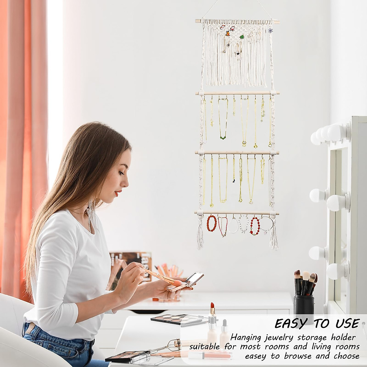Teniinet Hanging Jewelry Organizer, Boho Macrame Necklace Hanger Wall Mounted with 30 Hooks,Door Hanging Jewelry Holder with Tassel for Necklaces Display Organizer(Necklace Holder)