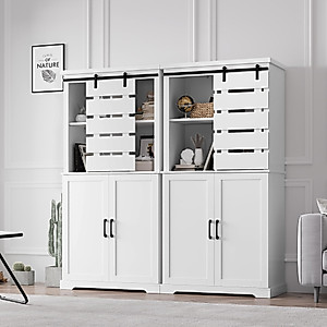 BOTLOG Tall Kitchen Pantry, Large Wood Storage Cabinet with Sliding Barn Door and Adjustable Shelves, Tall Freestanding Cupboard for Dining Room, Living Room, Laundry, White