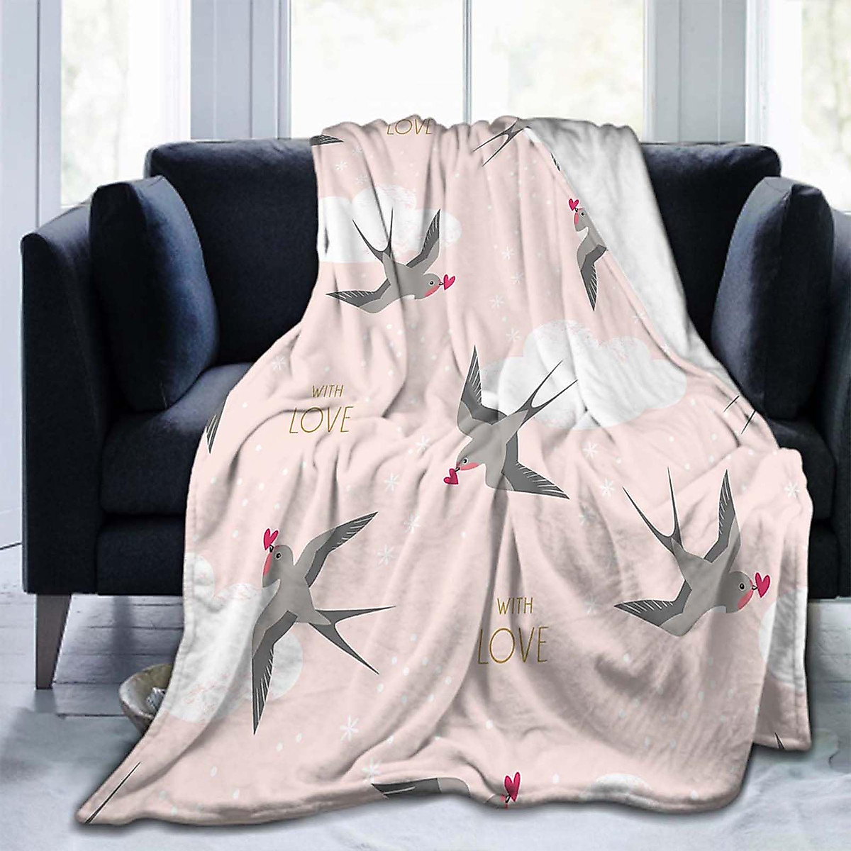 Throw Blanket 40x50 Inch,Flower Sky Bird Heart Flannel Soft Cozy Fluffy Throw Blankets and Warm Throws for Adults in Couch Sofa Bed 50x40 Inch