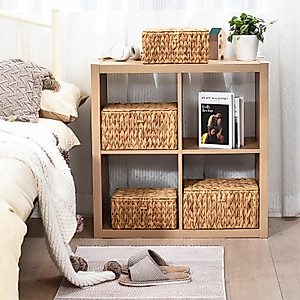 FairyHaus Wicker Storage Basket with Lid, Water Hyacinth Wicker Basket with Lid and Handles, Large and Small Wicker Baskets with Lids 2Pack, 13"x10"x7" & 11.2"x8.3"x5.7"