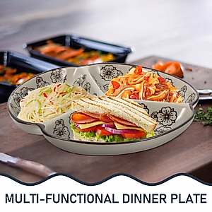 Kichvoe Ceramic Divider Dishes Compartment Food Plate Japanese Divided Serving Platter 3 Section Snack Tray Dried Fruit Storage Plate-7inch