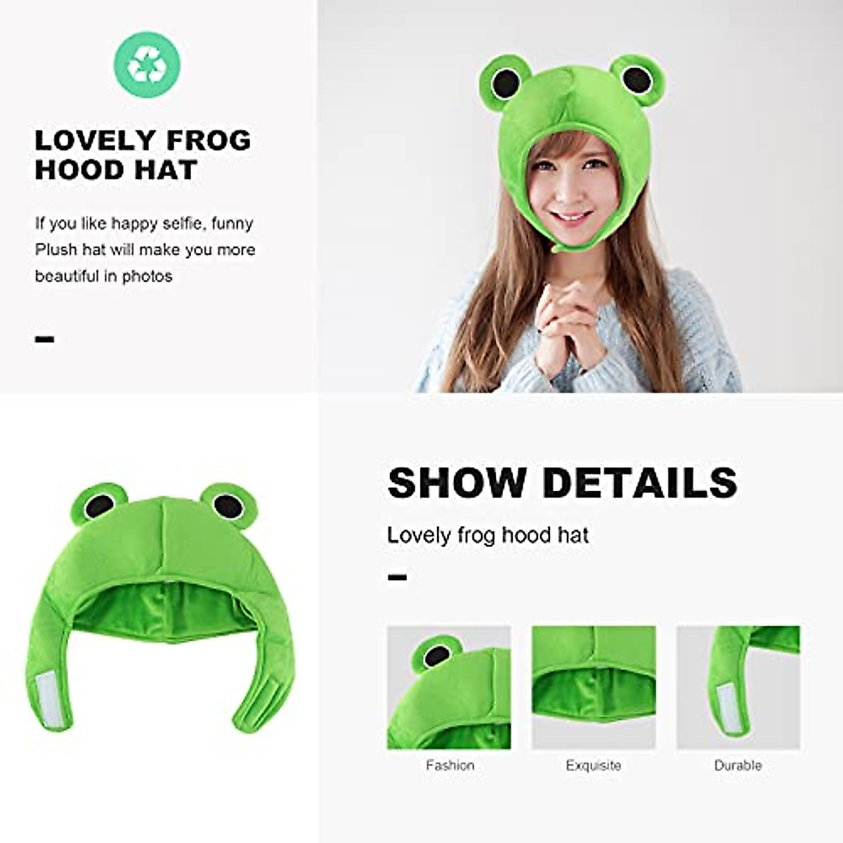 PartyKindom Cute Green Plush Frog Hat Cap Winter Scarf Headband Cartoon Headgear Frog Ears Ski Hat Multicolored Fisherman Packable Sun Hat for Halloween Party Dress up Cosplay Costume