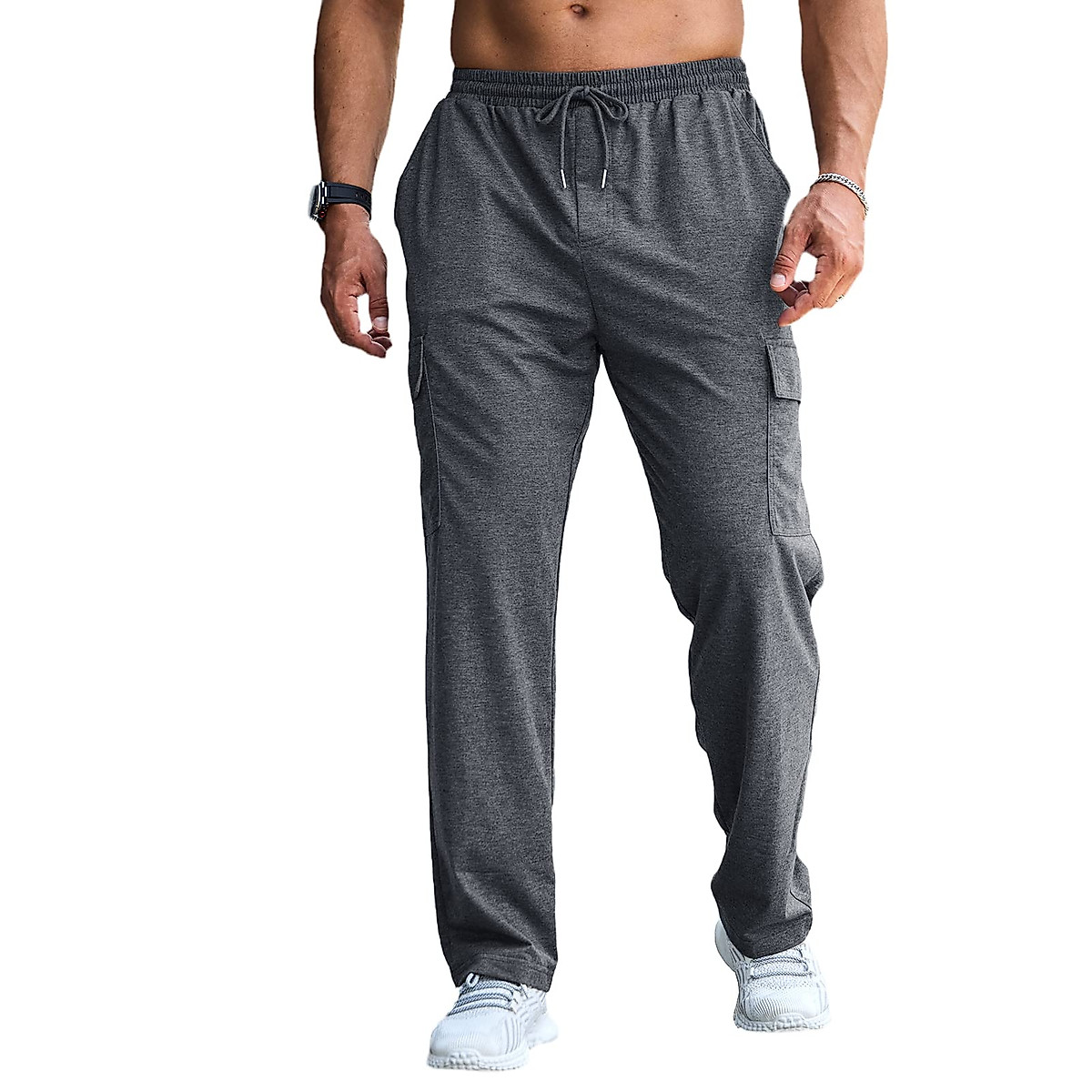 CTU Mens Fashion Baggy Sweatpants Lightweight Workout Cargo Sweatpants Athletic Pants Open Bottom Joggers with Pockets Darkgrey