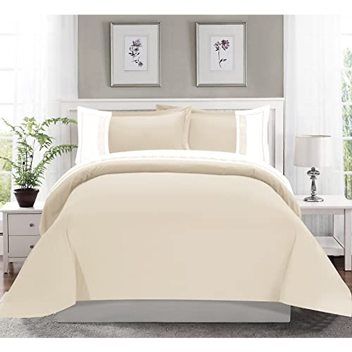 Elegant Comfort Luxurious Hotel Collection Super-Soft 1500 Thread Count Egyptian Quality 3-Piece Greek Pattern Duvet Cover Set, King/California King, Cream