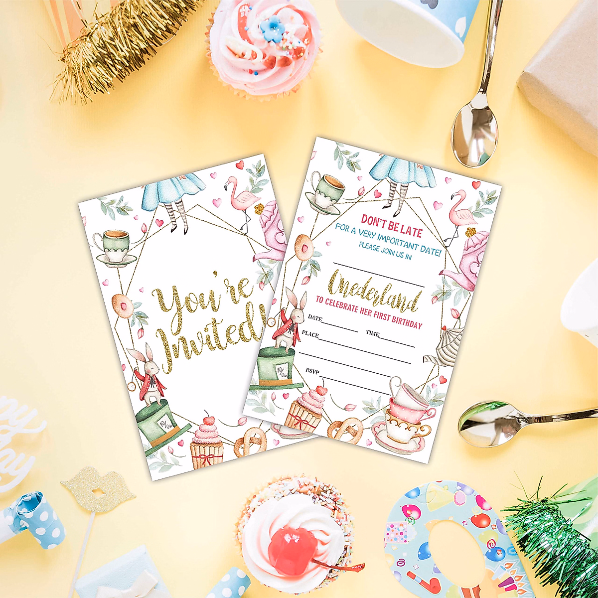 AWSICE Birthday Invitations, Tea Party Theme Fill-In Invite Cards For Birthday Party, 20 Invitations With Envelopes, Decorations,Party Favor And Supply-A28