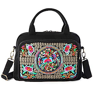 Embroidered Canvas Top Handle Handbag, 3 Layers Crossbody Bag