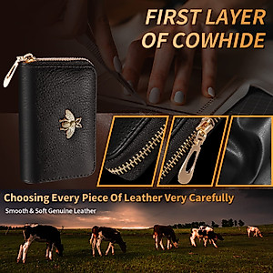 Credit Card Holder Wallet Case Womens Teen Girls Ladies Female Bee Genuine Cowhide Leather Small Black Rfid Blocking Wallets With Detachable Beaded Chain Zipper Around