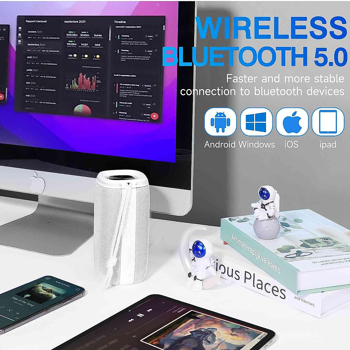 UrbanX Scorpio Series Bluetooth Speaker, IPX6 Waterproof Speakers HD Surround Sound with Punchy Bass, True Wireless Pairing, BT5.3, Portable Speaker for Blade V9 - White