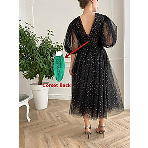 Xijun Women's Puffy Sleeve Prom Dresses with Slit Sparkle Starry Tulle Black Corset A Line Half Sleeve V-Neck Tea Length Formal Party Gowns US8