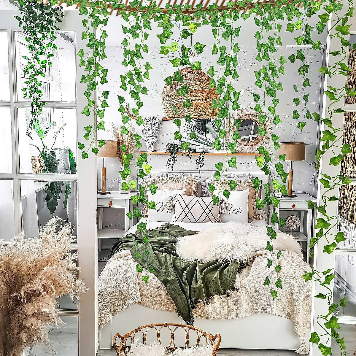 CQURE 30Pack 256Ft Artificial Ivy Fake Vines,Ivy Garland Greenery Garland Fake Hanging Plants Vines Aesthetic Green Leaves for Bedroom Wedding Party Garden Wall Room Decor