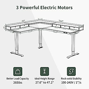 FEZIBO Triple Motor 75" L Shaped Standing Desk with 5 Drawers, Reversible Electric Standing Gaming Desk Adjustable Height, Corner Stand up Desk with Splice Board, Black Frame/Black Top