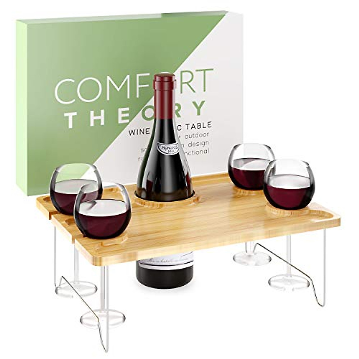 Comfort Theory Bamboo Wine Picnic Table | Collapsible Tray for Indoor & Outdoor Use | Perfect Wine Lover Gift | Folding Table with Wine Glass & Hard Seltzer Can Holders | Wine & Cheese Server