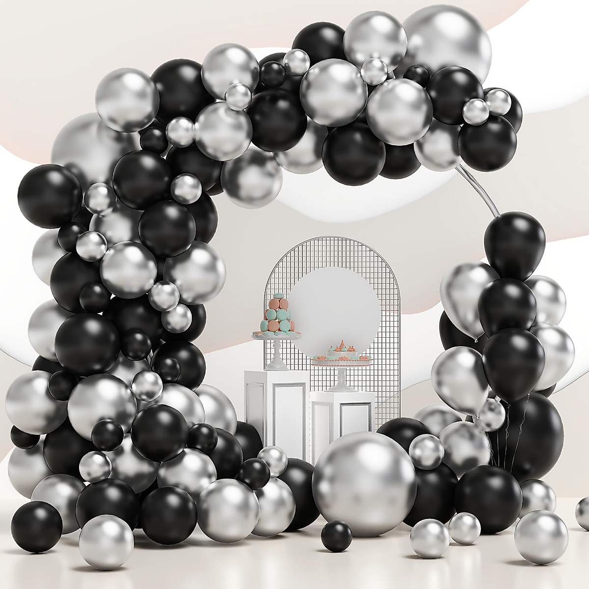 FHEKFNG Black and Silver Balloons, 124pcs 5 10 12 18 Inch Black Metallic Silver Balloons Garland Arch Kit for Birthday, Wedding, Graduation, Bridal Shower,Anniversary Party Decorations