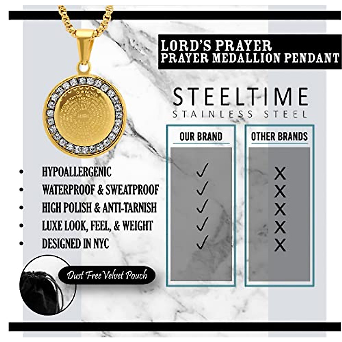Steeltime Stainless Steel Pendant Necklace with Simulated Diamonds - 18-Inch Rounded Box Chain, Stainless Steel Pendant for Men & Women, Lords Prayer & Serenity Prayer Gifts - Silver, Lord's Prayer