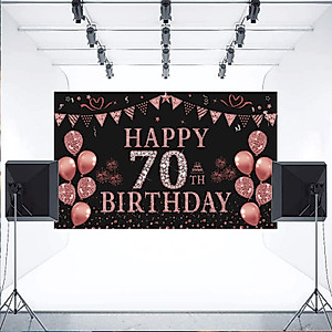 Trgowaul 70th Birthday Decorations for Women - Rose Gold 70th Birthday Banner Backdrop 5.9 X 3.6 Fts 70th Birthday Party Suppiles Photography Supplies Background Happy 70th Birthday Banner