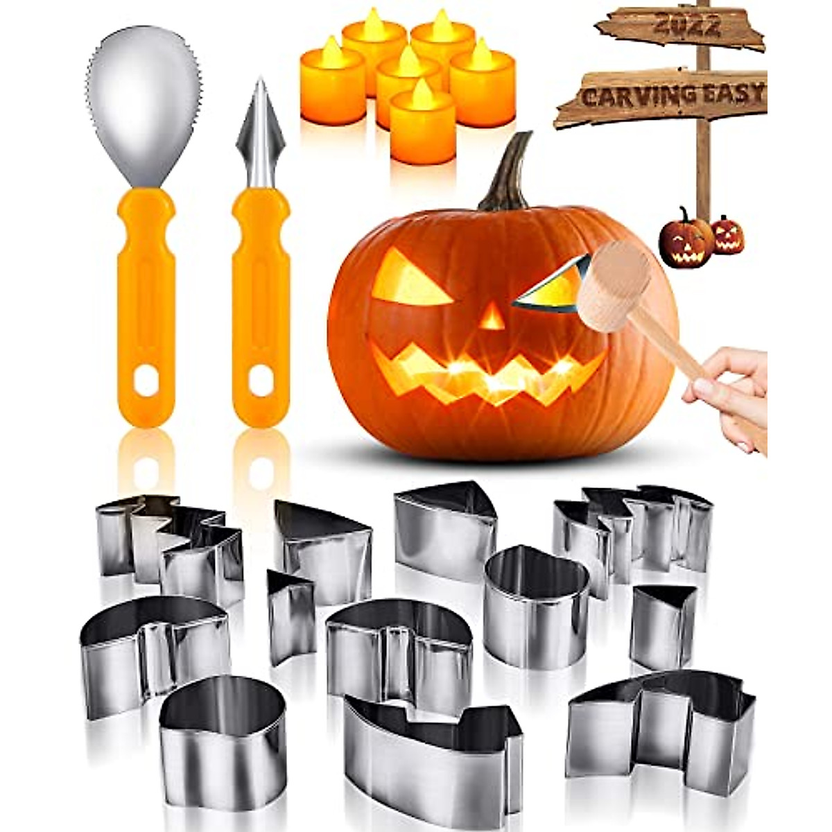 21 Pack Pumpkin Carving Kit, DIY Pumpkin Carving Tools with 6 Lights, Stainless Steel Pumpkin Stencils, Halloween Professional Pumpkin Carving Kit for Adult, Pumpkin Carving Set Gifts for kids