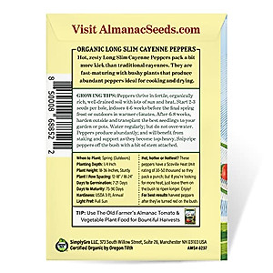 The Old Farmer's Almanac Organic Cayenne Pepper Seeds (Long Slim) - Approx 30 Seeds - Certified Organic, Non-GMO, Open Pollinated, Heirloom