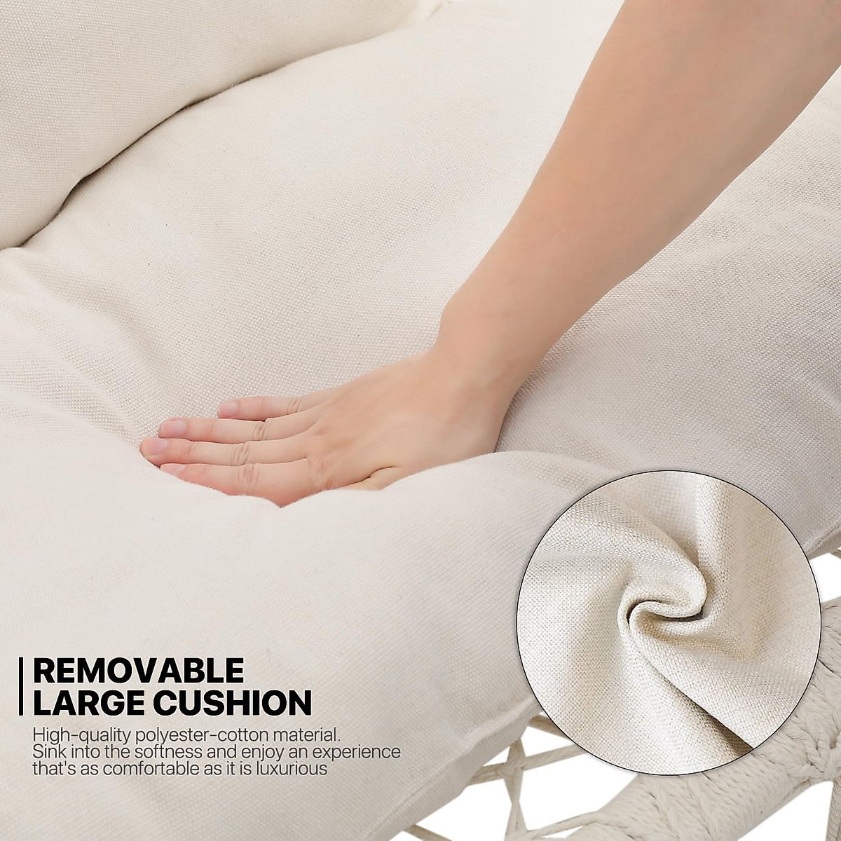 MoNiBloom Double Swing Chair with 3 Cushions for Outside, Large Hanging Macrame Swing Chair for Indoor/Outdoor Relax, Adult Hammock Boho Chair Max 700 lbs Capacity for Porch Balcony Backyard, Beige